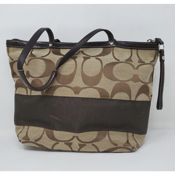 Coach | Bags | Coach Signature Brown Jacquard Leather Shoulder Tote ...